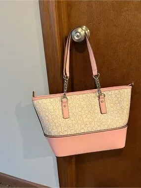 Calvin Klein | Bags | Calvin Klein Pink And Cream Logo Tote | Poshmark